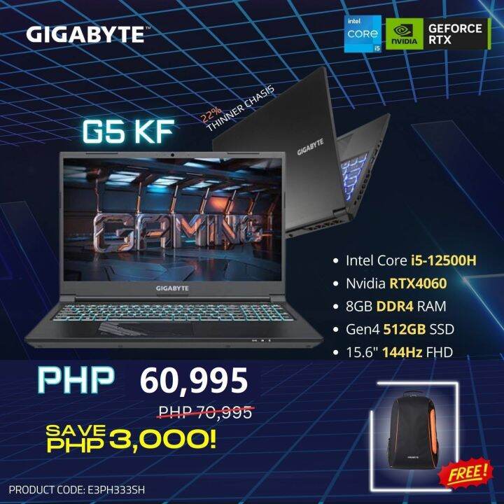Gigabyte G5 KF-E3PH333SH 15.6inch FHD 144Hz | i5-12500H | 8GB RAM | 512GB SSD | RTX 4060 8GB ...