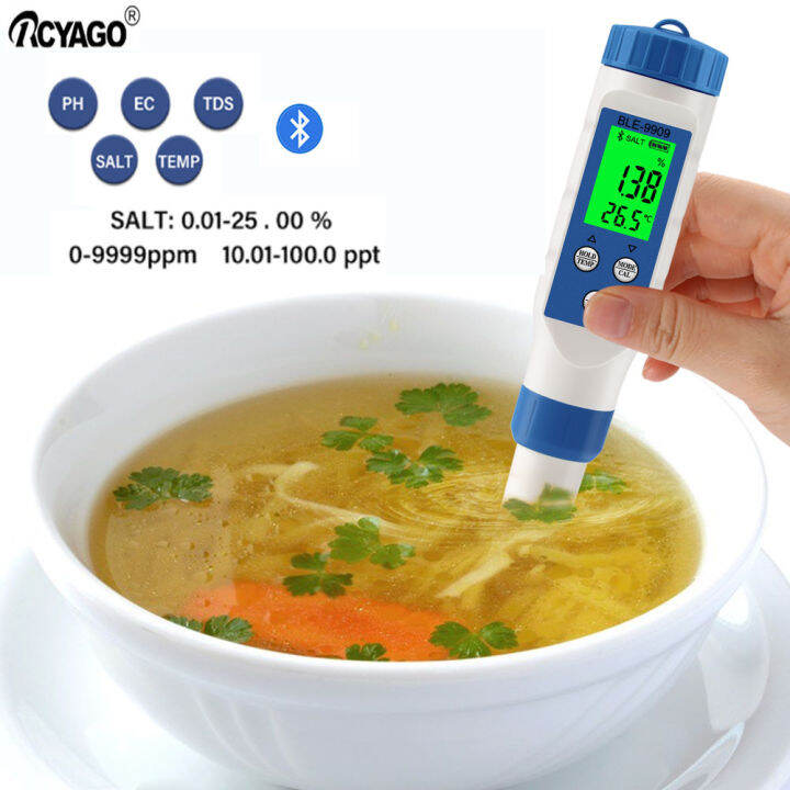 RCYAGO Bluetooth 5 in 1 Food Salinity Meter ATC Brine Pickle Sodium ...