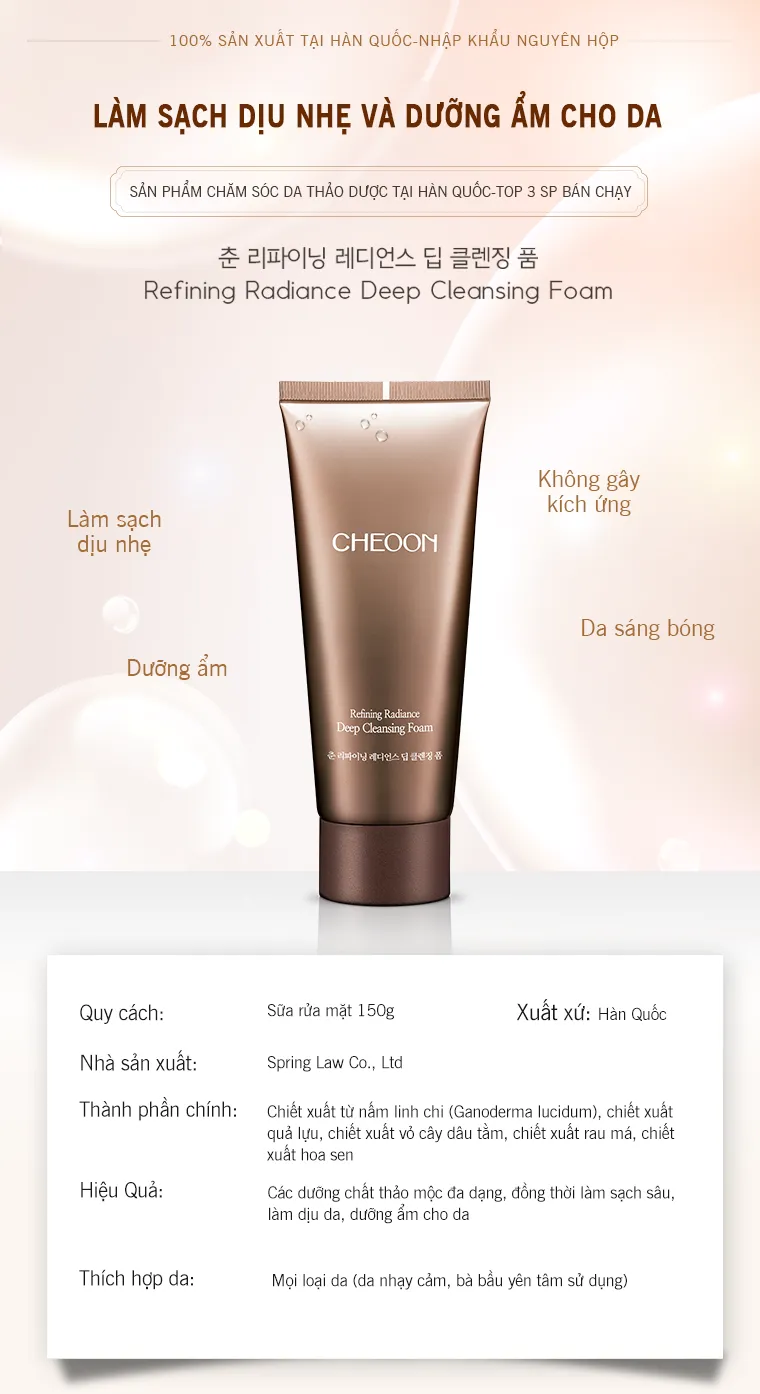 Sữa rửa mặt giữ ẩm, trắng da, chiết xuất thiên nhiên từ linh chi, dâu ...