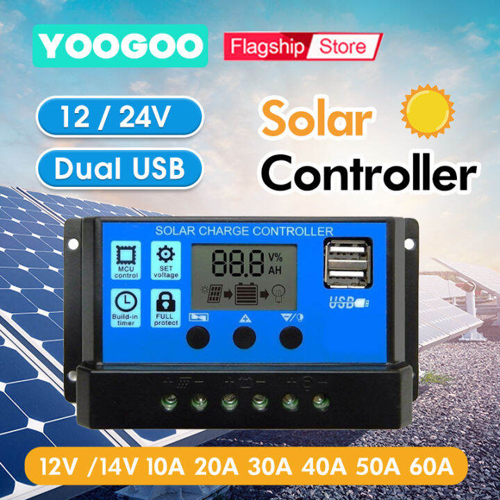 YOOGOO Solar Charge Controller LCD LED Display Solar PWM 12V/24V 10A 20A 30A 50A 60A USB Panel ...