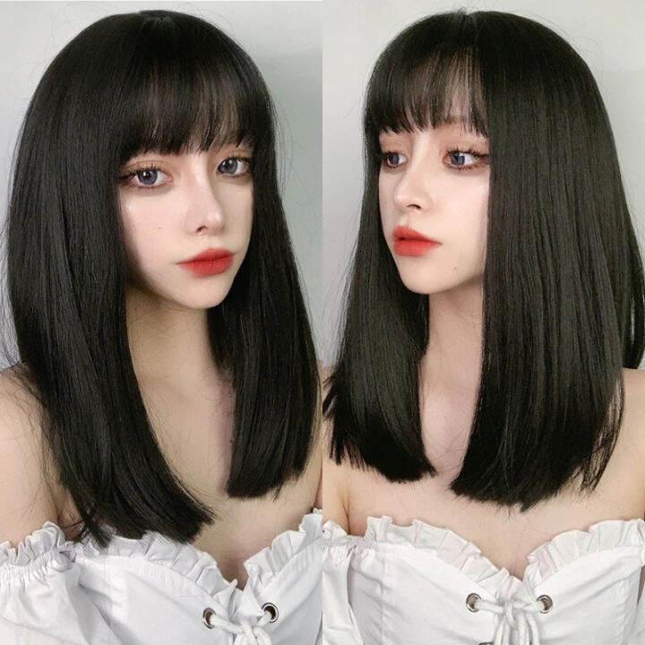 62cm SIlky Black Medium Length Straight With Bangs Nanno Hairstyle | Lazada