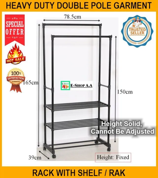 Heavy Duty Double Pole Garment Rack With Shelf / Rak Baju Kain Pakaian ...