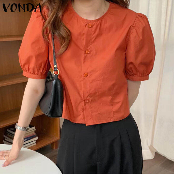 VONDA ผู้หญิงลำลองลูกเรือคอพัฟแขนเสื้อครอบตัดของแข็ง (เกาหลีสาเหตุ ...