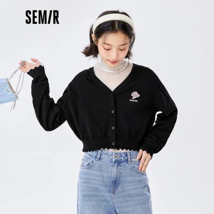 Semir เสื้อถักผู้หญิง Bm สไตล์คาร์ดิแกนสั้น2022ฤดูใบไม้ผลิและฤดูใบไม้ร่วงใหม่คอวีหลวมสีม่วงเสื้อ ...