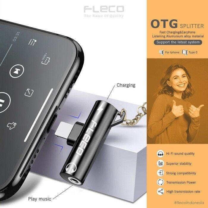 Splitter OTG FLECO Lightning 2in1 Converter Sambungan Charger Headset ...