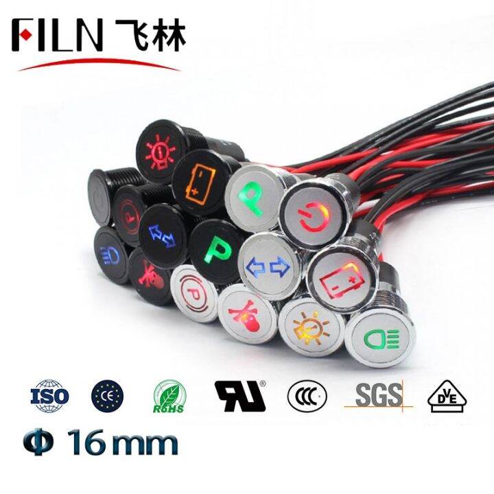 16mm led metal indicator light pilot lamp with car boat dashboard warning symbol 12v 24v 110v ...