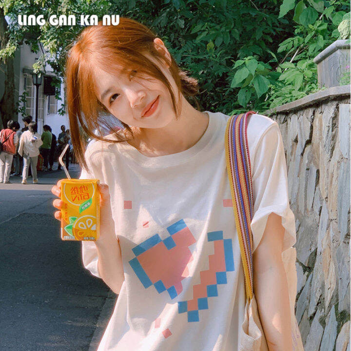 LING GAN KA NU สุภาพสตรีแขนสั้นด้านบน ฤดูร้อนใหม่เกาหลีรุ่น 4XL plus ...