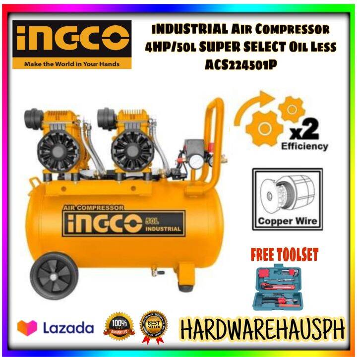INGCO Air Compressor 4HP/50L Silent Type & Oil Less (ACS224501P) with ...