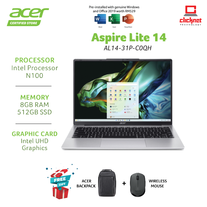 Aspire Lite AL14-31P-C0QH 14 / N100 / 8G DDR5 / 512GB Gen4 SSD / 14 ...