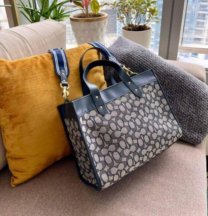 Coach C3282 Field Tote 30 in Navy Signature Jacquard and Midnight Navy ...