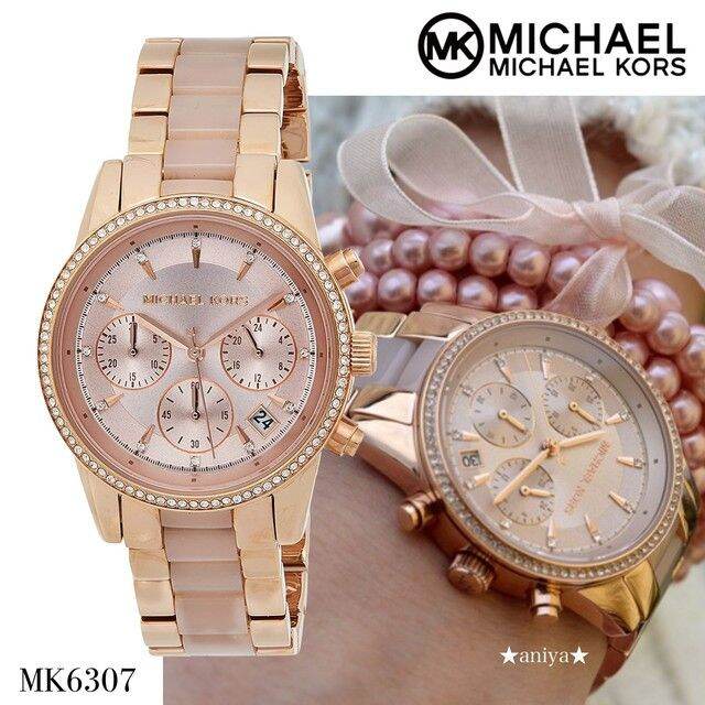 Michael Kors Ritz นาฬิกาข้อมือควอตซ์แฟชั่นสีโรสโกลว์ Mk6307-100 % Mk ...