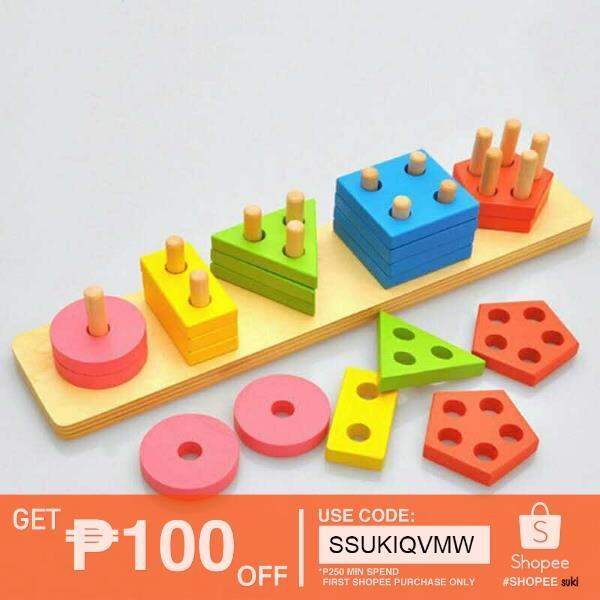 Wooden geometric shapes set Columns tower color shape Shape matching ...