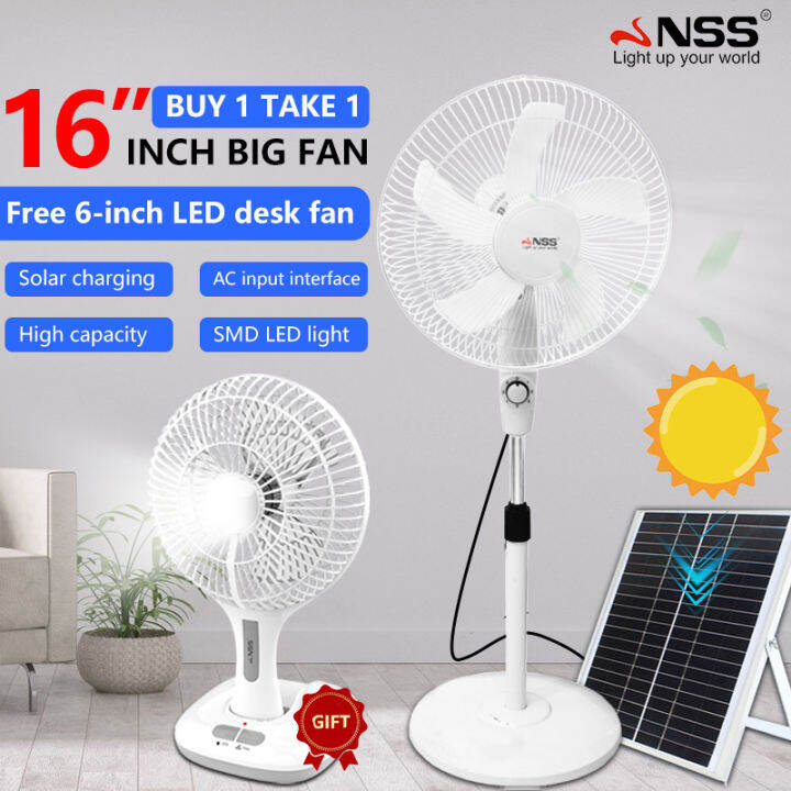 NSS desktop fan DC rechargeable fan with LED light and solar panel 6in ...