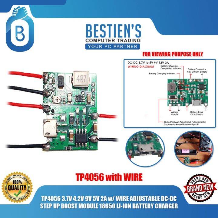 TP4056 3.7V 4.2V 9V 5V 2A w/ WIRE ADJUSTABLE DC-DC STEP UP BOOST MODULE ...
