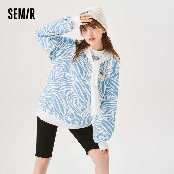 Semir ผู้หญิงเสื้อยืดม้าลายแบบตุ๊กตาด้านบนบุคลิกภาพ2022ฤดูหนาวใหม่หลวมสีคมชัดเสื้อสวมหัวอารมณ์ ...