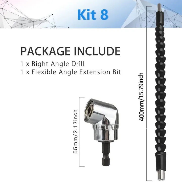 105 Degree Angle Drill Attachment and Flexible Angle Extension Bit Kit ...