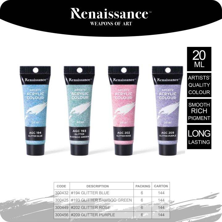 Renaissance Artist's Acrylic Colour 20ml (Tube) - Glitter and Metallic ...