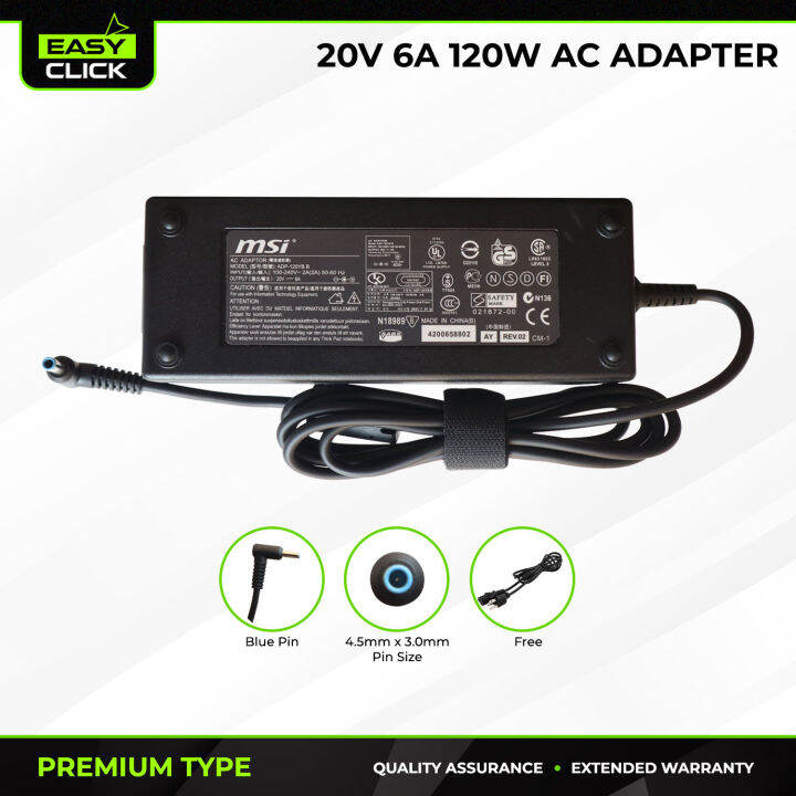 MSI Laptop Charger 20V 6A 120W 4.5mm x 3.0mm Blue Pin | Lazada PH