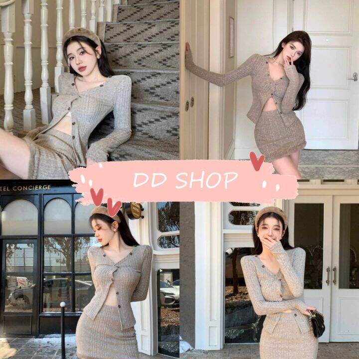 DD SHOP'พร้อมส่ง' M5608 ชุดเซ็ต เสื้อครอปแขนยาวไหมพรม+กระโปรงไหมพรม ดีเทลกระโปรงปลายขนมุ้งมิ้ง ...