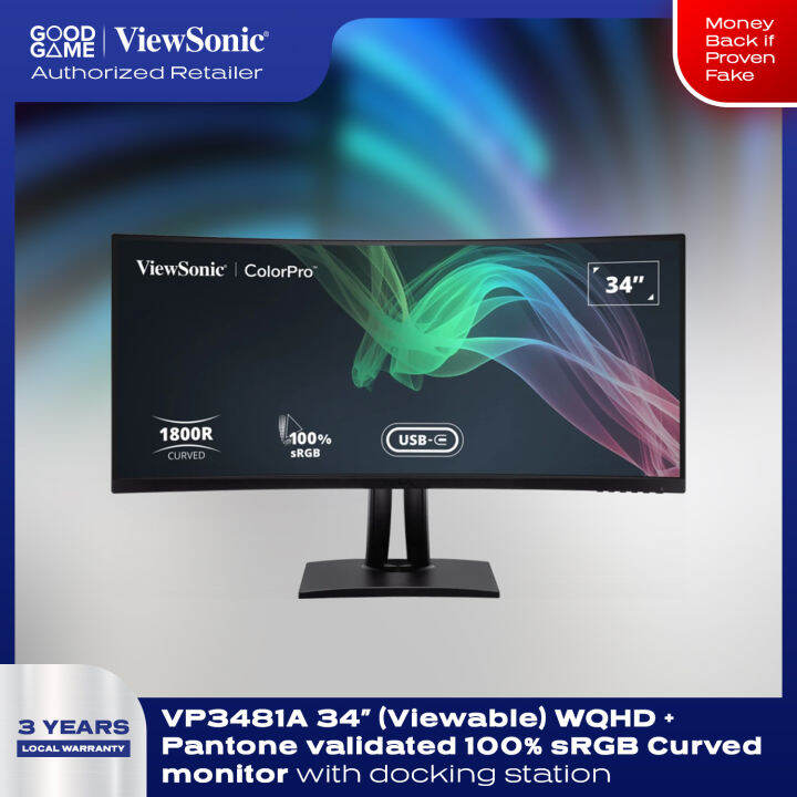 ViewSonic VP3481a - 34" ColorPro™ 21:9 Curved UWQHD Monitor with 100Hz, FreeSync, 90W USB C ...