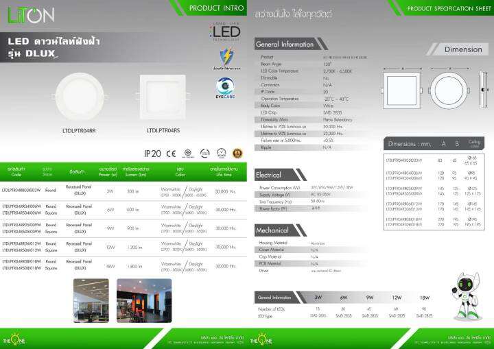 LED PRANEL LIGHT ดาวน์ไลท์ฝังฝ้า 9วัตต์ 5นิ้ว ทรงสี่เหลี่่ยม สีขาว สีเด ...