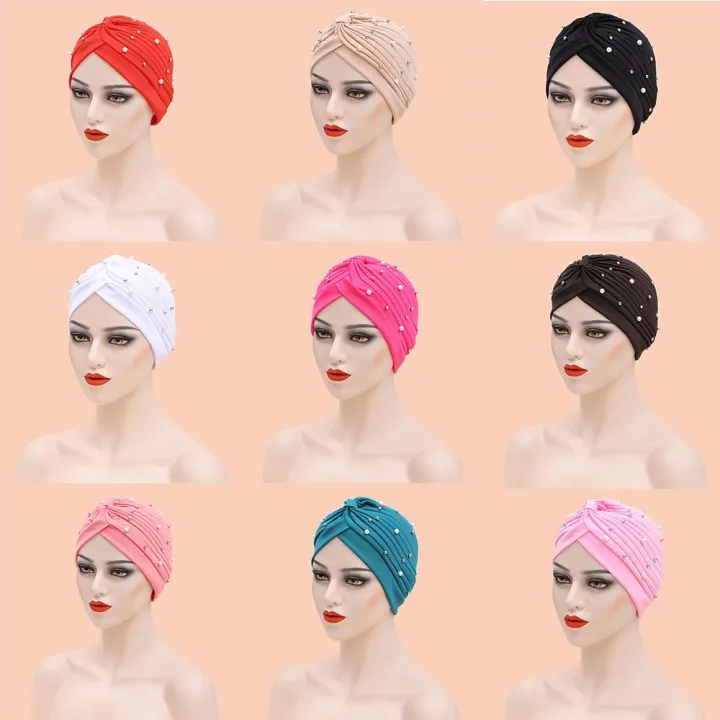 【COD&Ready Stock】9 Colors Pearl Beaded Women Musulman Hijab Caps Arab ...