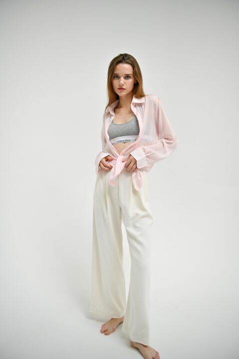 Patcha.co - เชิ้ตผ้าชีฟอง สีชมพูอ่อน PCCT004 | Lazada.co.th