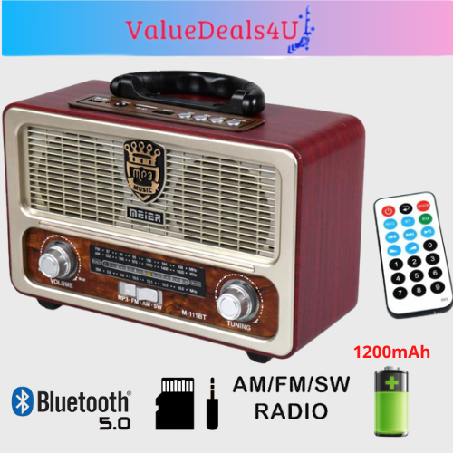 M-111BT Nostalgic Classic Wooden Retro FM AM SM MP3 Radio USB SD Bluetooth 5.0 Rechargeable ...