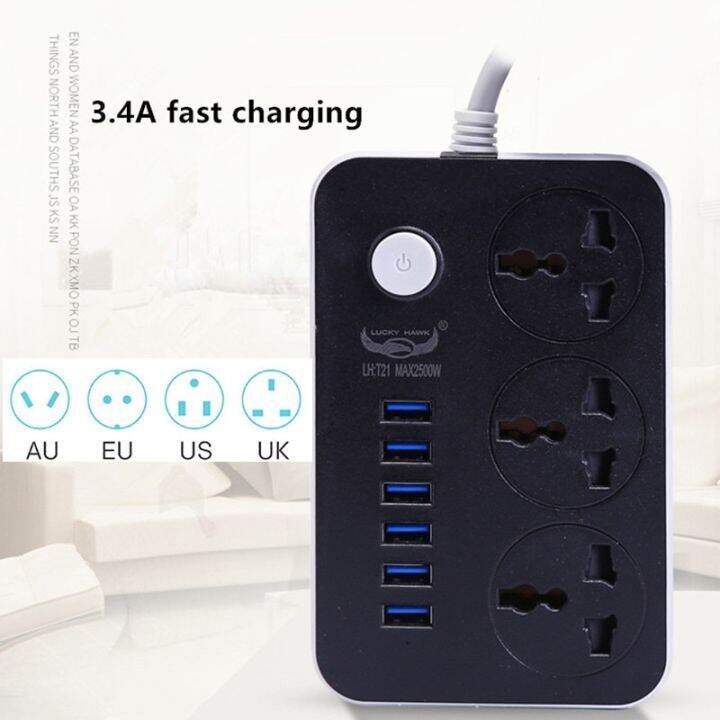 EU Plug Power Strip 3.4A Fast Charging 6 USB Extension Socket Plug Switch Universal Outlets 3 ...