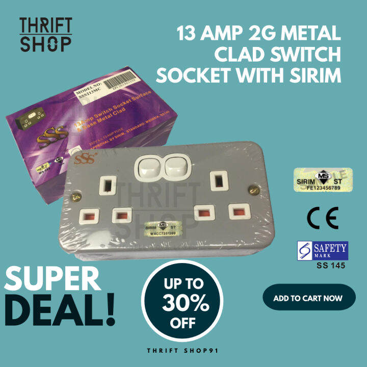 SSS 13AMP Safe & Quality 2 Gang Switch Socket Surface & Base Metal Clad ...
