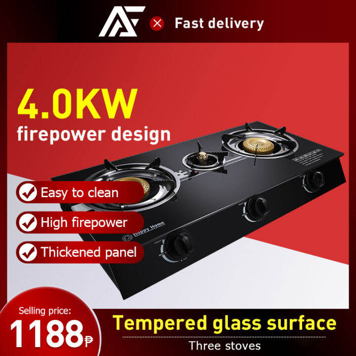 Three-burner gas stove, stainless steel body, tempered glass surface ...