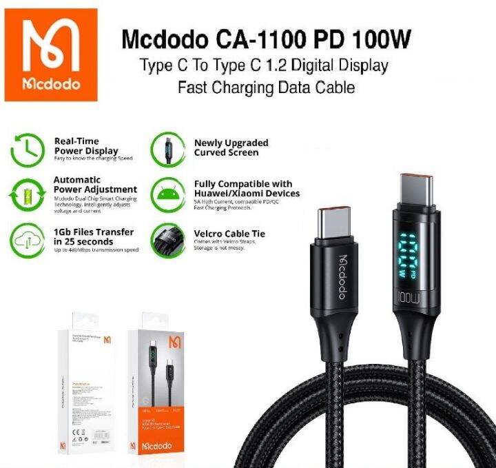 MCDODO CA-1100 1.2 METER DIGITAL HD 100W PD FAST CHARGE TYPE-C TO TYPE-C DATA CABLE | Lazada