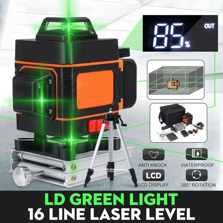 4D 16 Lines Green Laser Levels 360 Horizontal &Vertical Cross Lines With Auto Self-Leveling ...