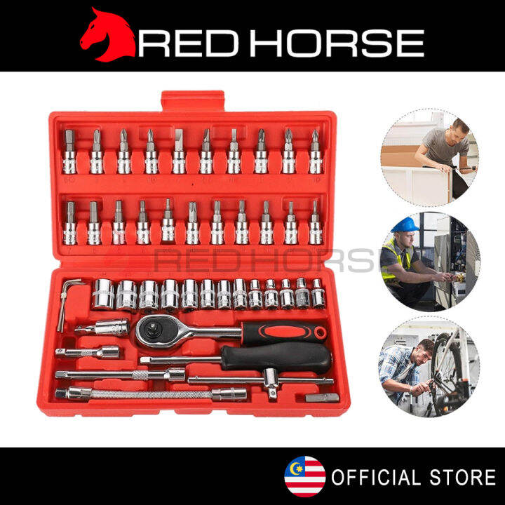 RED HORSE 46Pcs 1/4 Inch Tools Set Screwdriver Box Socket Set Ratchet ...