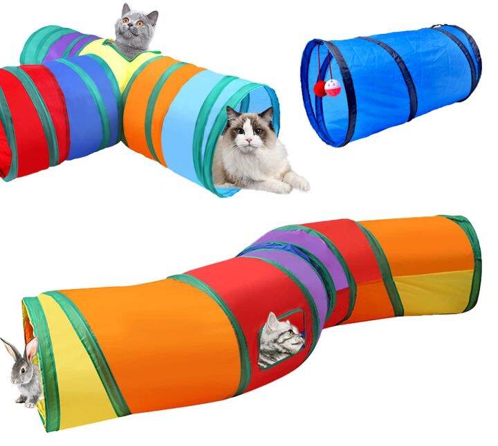 Collapsible 2-3 Way Interactive Cat Tunnel Tube With Hanging Balls ...