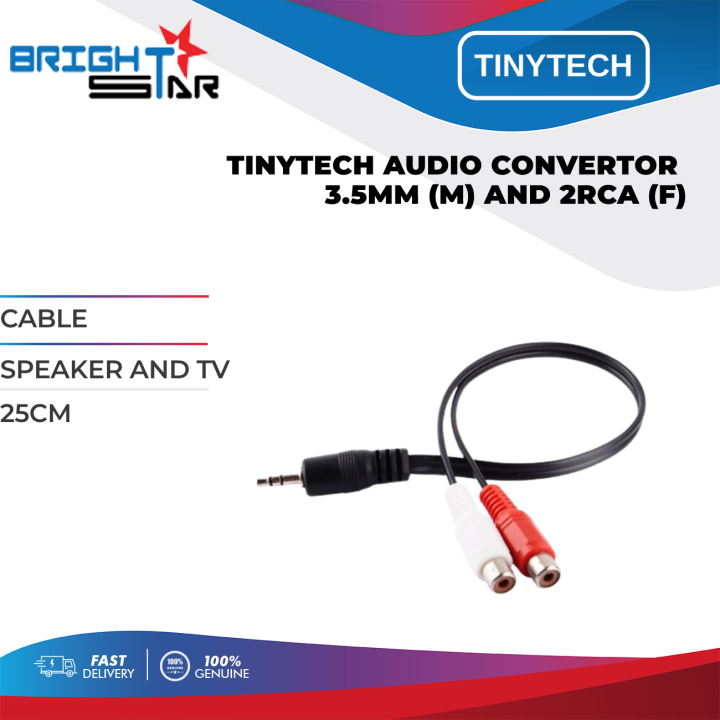 CABLE / TINYTECH AUDIO CONVERTOR 3.5MM (M) AND 2RCA (F) / SPEAKER AND TV / 25CM / BLACK / 3 MTH ...