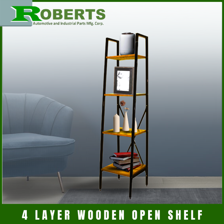 MINIMALIST 4-LAYER OPEN SHELF/ WOODEN OPEN SHELF WITH STEEL FRAME ...