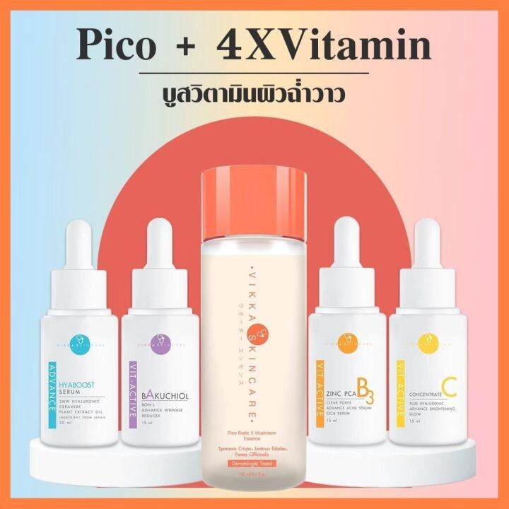 คุณภาพดี VIKKASKINCARE Pico Lotion 100ml + Vit A 5%BAKUCHIOL 15ml + Vit B3 Zinc PCA 15ml + Vit C ...
