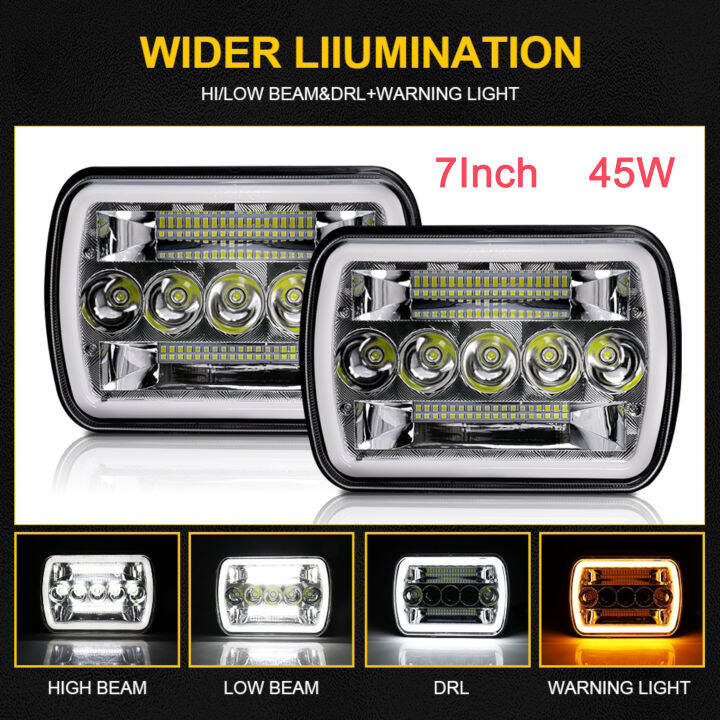 Led Hi/Low DRL Headlight Turn Signal Light Amber Square Headlight 5X7 ...