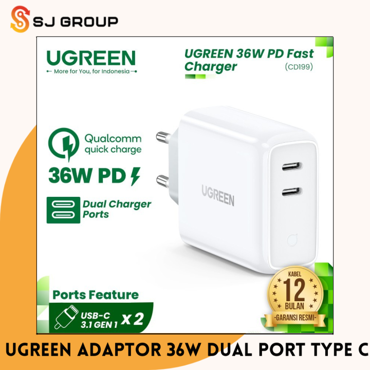 UGREEN Adaptor 36W Dual Port USB Type C Wall Charger Adapter 18W PD QC ...