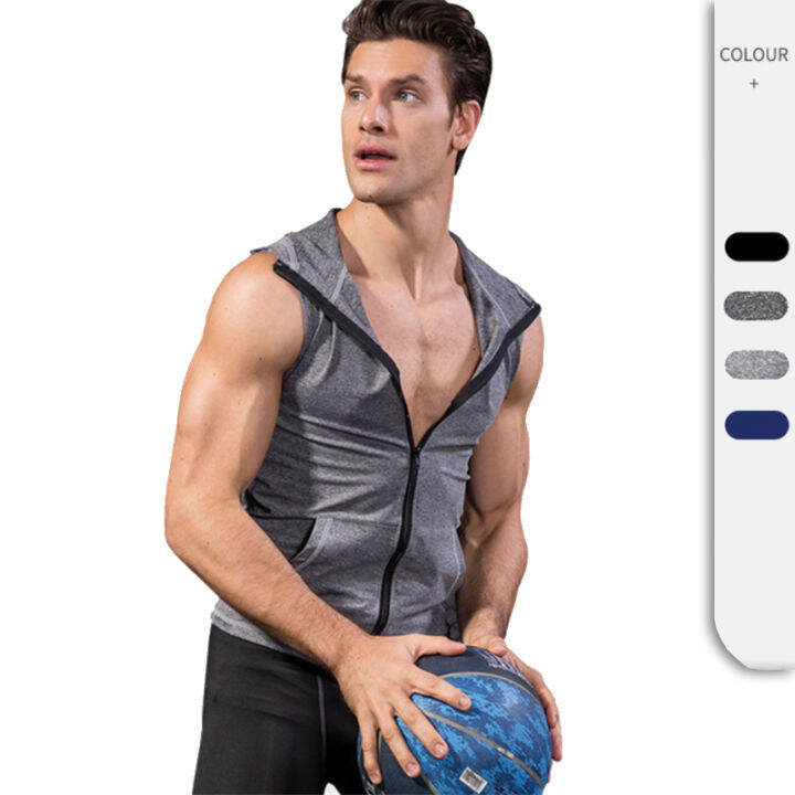 Luoke ผู้ชายการบีบอัดซิปแจ็คเก็ตมีหมวกแขนกุดกระเป๋าเอียง | Lazada.co.th