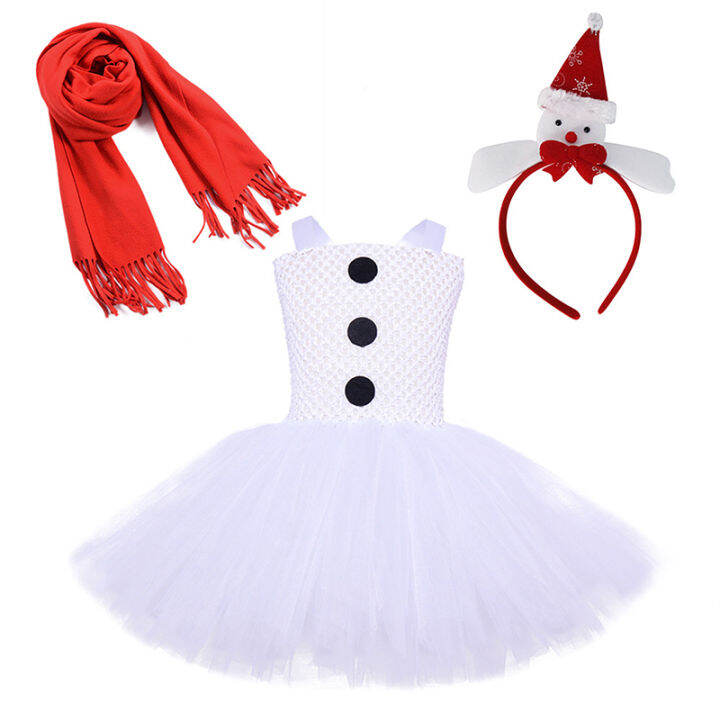 Pickmine 2023 new Girls Snowman Costume Cosplay Tulle Dress with Cartoon Headgear & Red Scarf ...