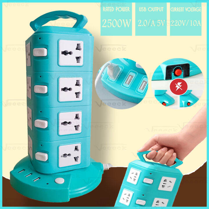 4 Layer Vertical Power Strip Socket Tower Surge Protector 10 AC Outlets 4 USB Ports 110-2 ...