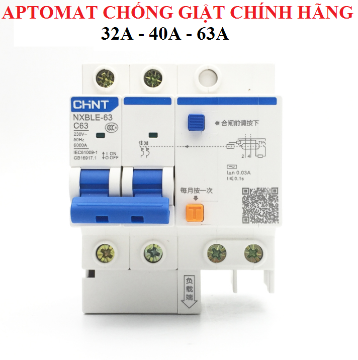 Aptomat chống giật cầu dao chống giật CHINT NXBE 2P 32A 40A 63A chống dòng dò lắp đặt bình nóng ...
