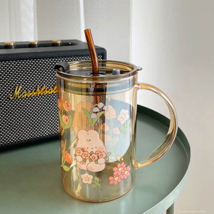 Cute Bunny Glass Cup With Lid Straw Kawaii Coffee Mugs Big Milk Beer ...