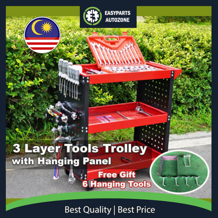 Autozone 3 layer Tools Trolley Rack with Hanging Panel Rak Bengkel ...