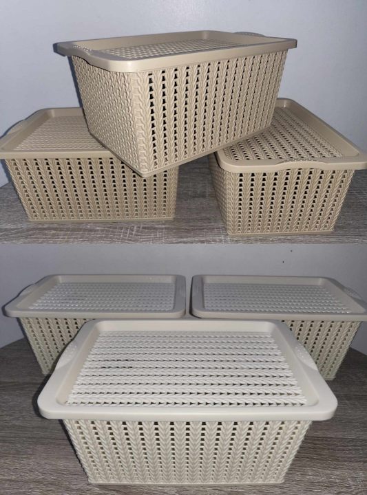 set of 3pcs aesthetic rattan storage box w/ cover 28x19x13cm - multi ...