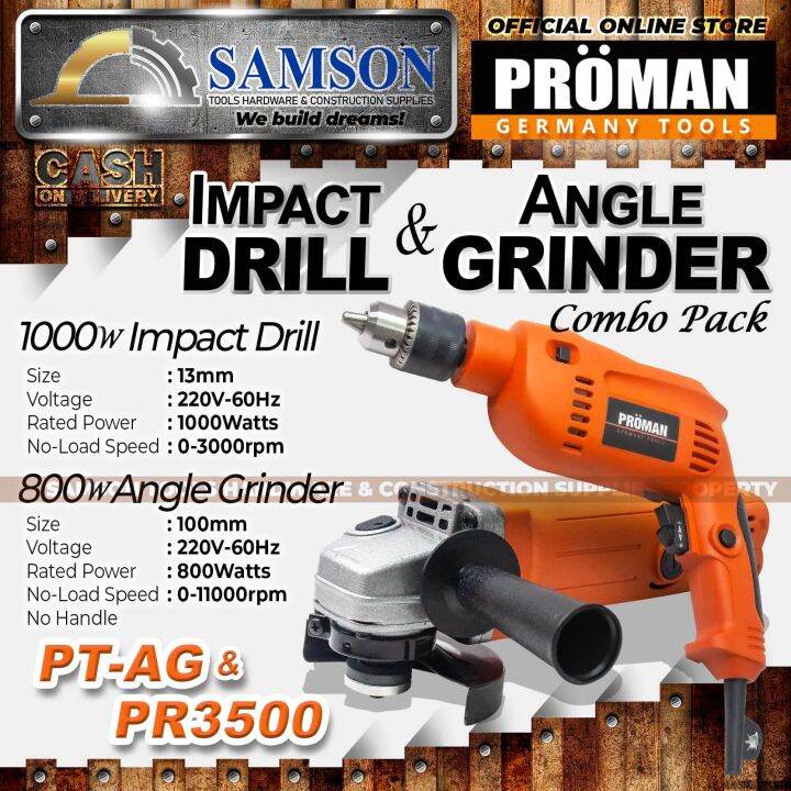 PROMAN Germany Tools Combo Pack 1000W Power Hammer Drill & 800W Angle ...