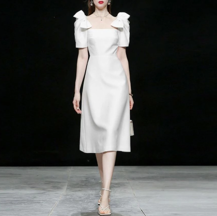 Gaun Midi Runway Korea Mewah 2022/Gaun Prom Putih & Hitam Leher Persegi ...