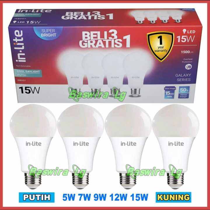 IN-LITE PAKET BELI 3 GRATIS 1 LAMPU LED BULB 5W 7W 9W 11W 12W 15W PUTIH ...